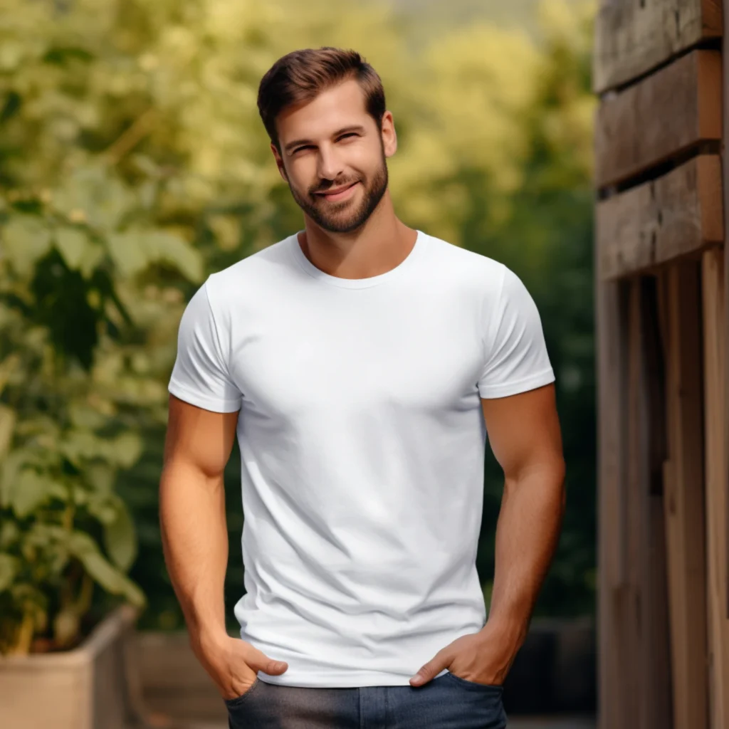 Man Wearing White T-shirt Mockup Front View Template