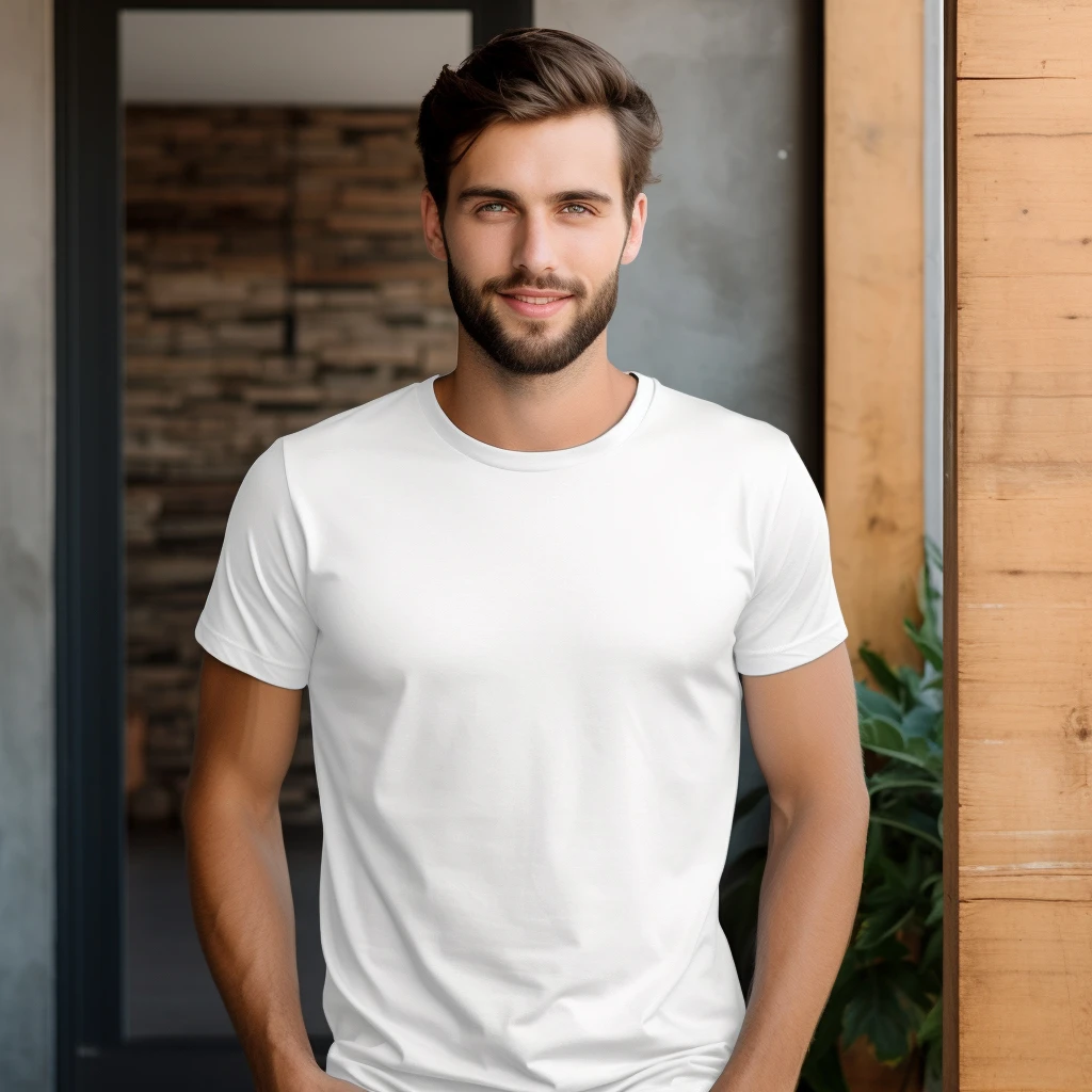 Man Wearing White T-shirt Mockup Front View Template