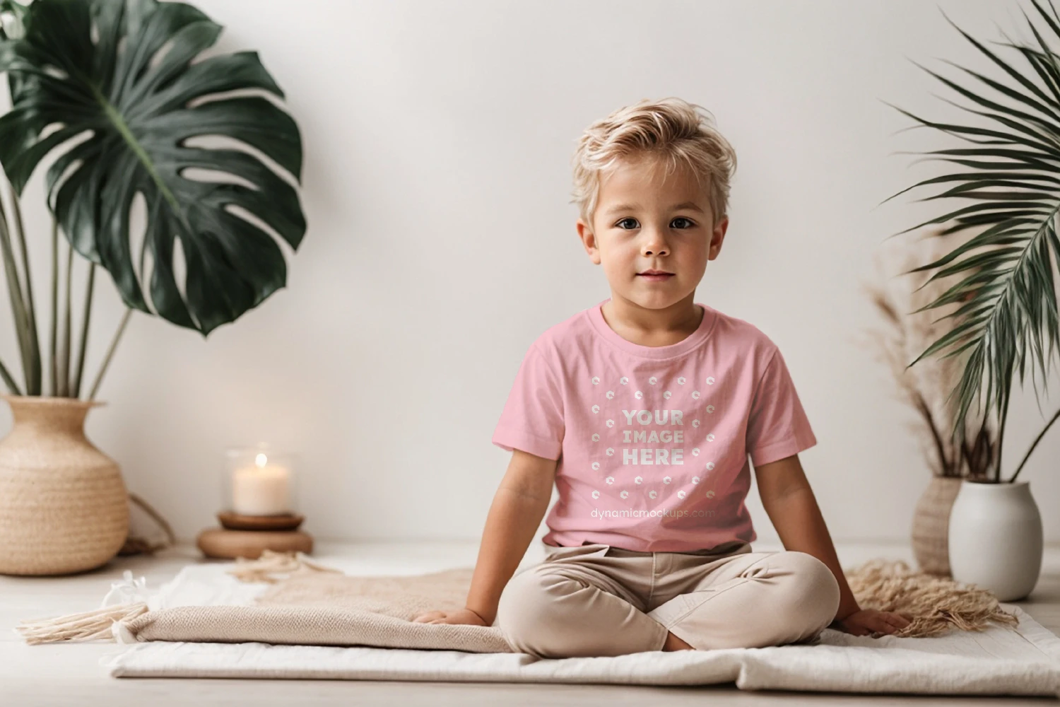 Boy Wearing Pink T-shirt Mockup Front View Template #743 + PSD | Use It Now