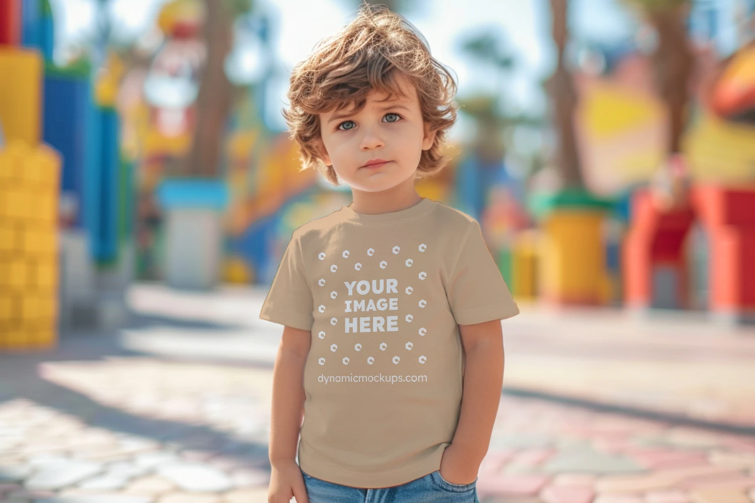 Boy Wearing Tan T-shirt Mockup Front View Template #738 + PSD | Use It Now