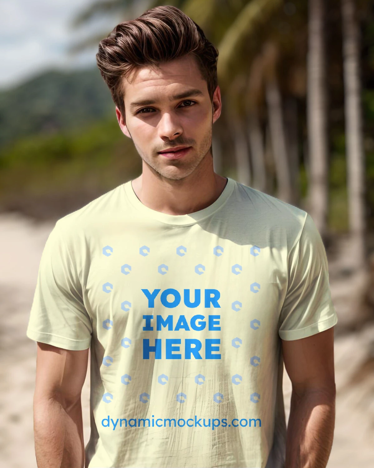 Man Wearing Cream T-shirt Mockup Front View Template #1689 + PSD | Use It Now