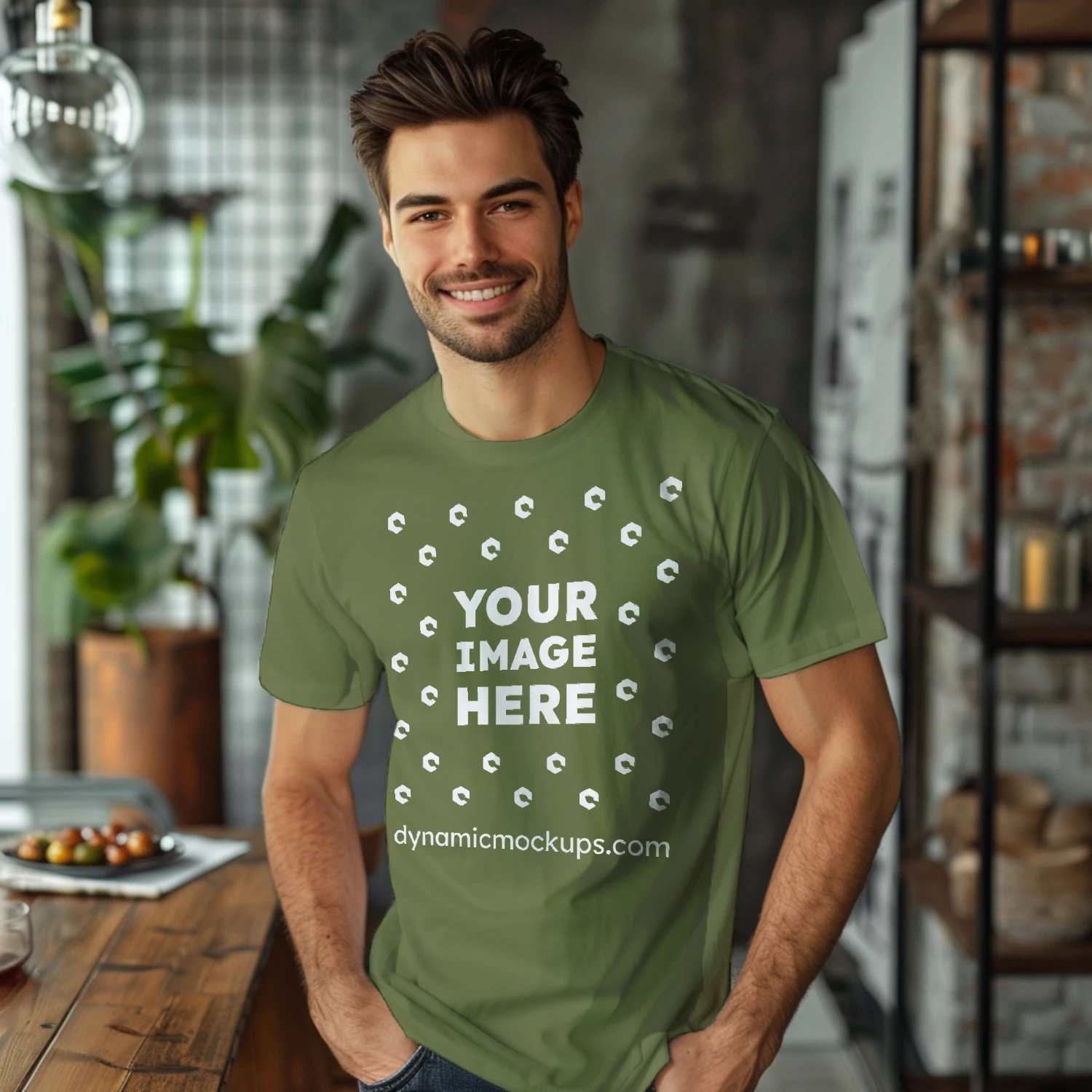Man Wearing Olive Green T-shirt Mockup Front View Template #705 + PSD ...