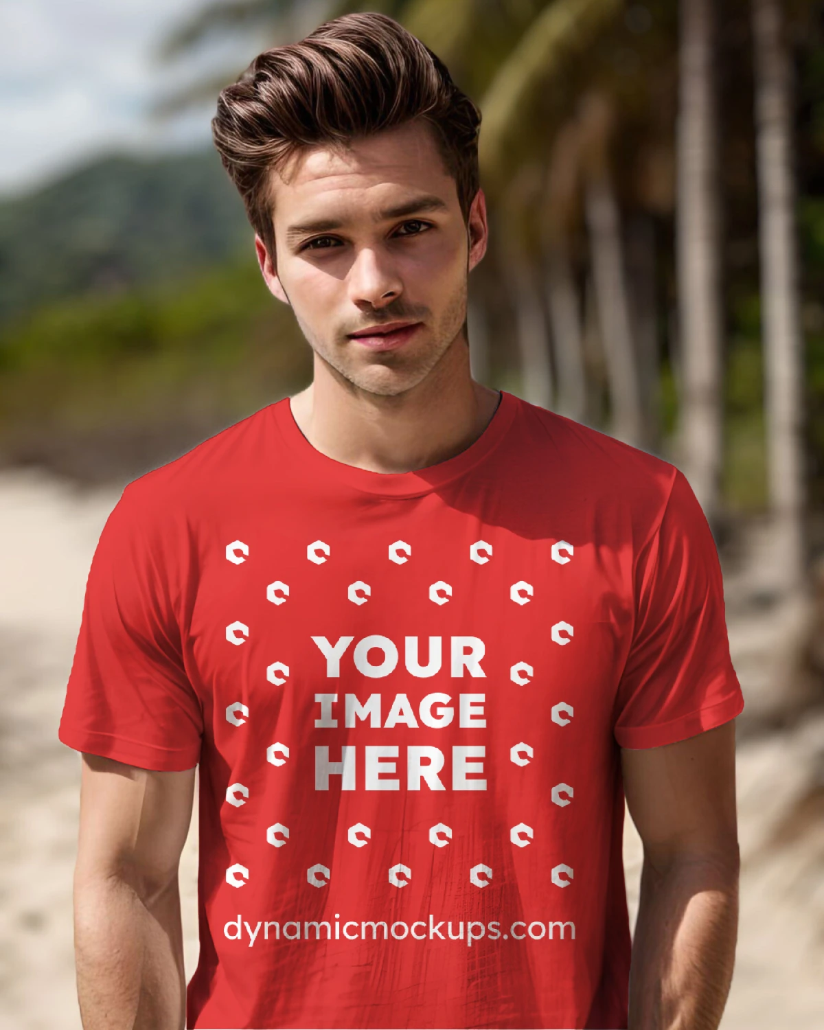 Man Wearing Red T-shirt Mockup Front View Template #1689 + PSD | Use It Now