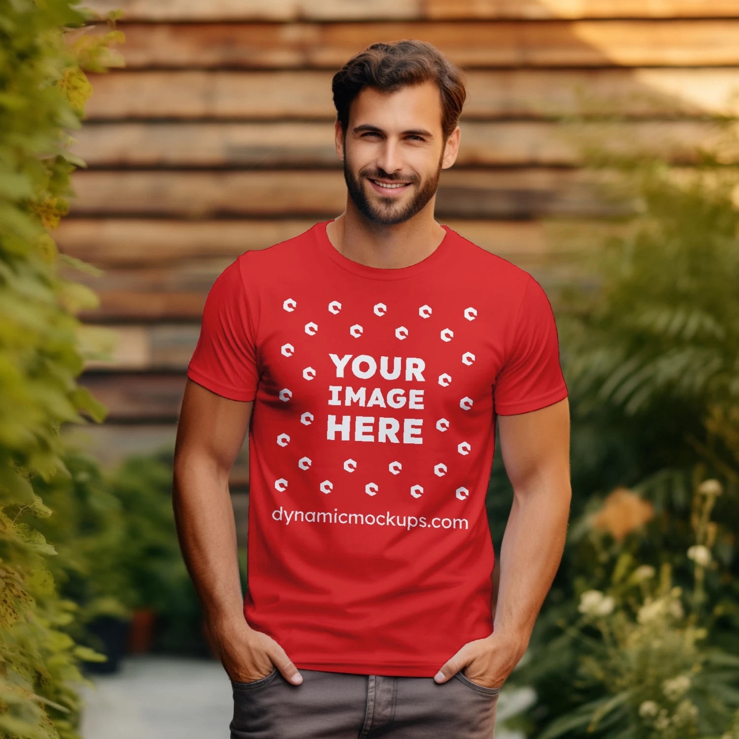 Man Wearing Red T-shirt Mockup Front View Template #730 + PSD | Use It Now