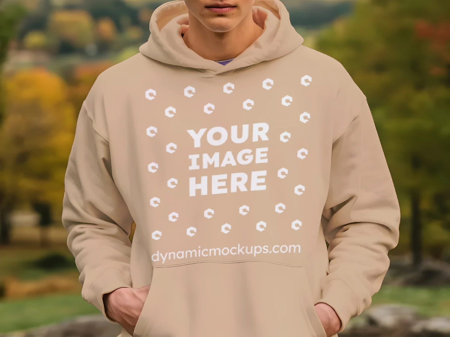 Man Wearing Tan Hoodie Mockup Front View Template #2361 + PSD | Use It Now