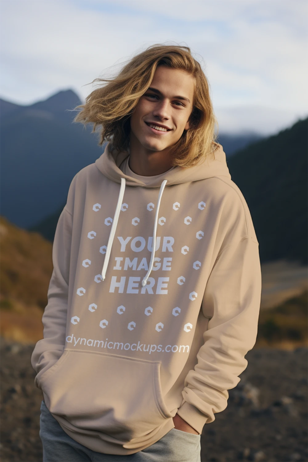 Man Wearing Tan Hoodie Mockup Front View Template #2272 + PSD | Use It Now