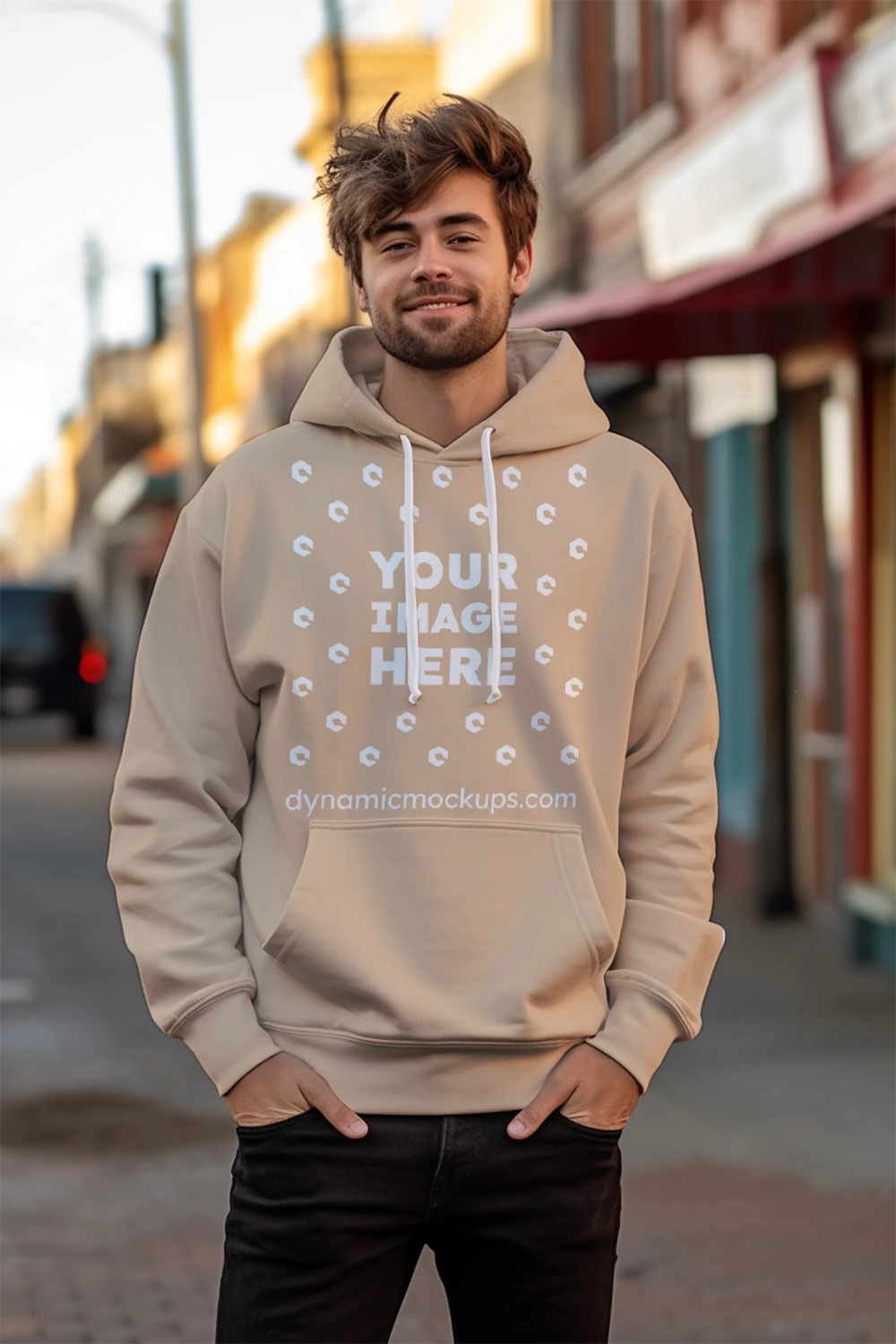 Man Wearing Tan Hoodie Mockup Front View Template #2280 + PSD | Use It Now