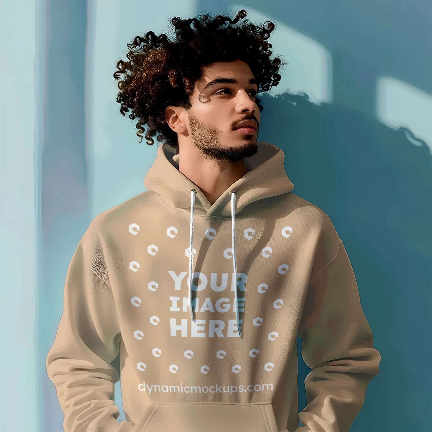 Man Wearing Tan Hoodie Mockup Front View Template #2286 + PSD | Use It Now