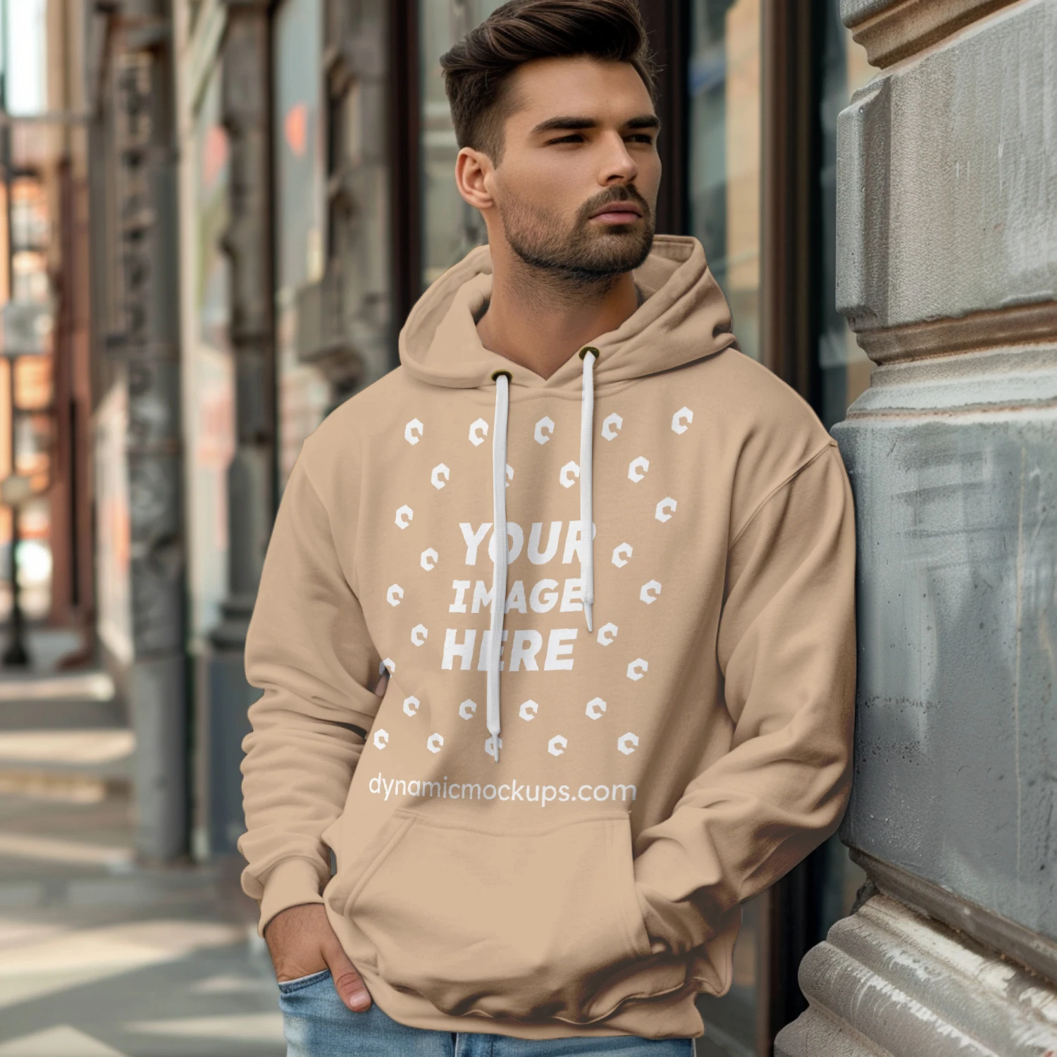 Man Wearing Tan Hoodie Mockup Front View Template #2288 + PSD | Use It Now