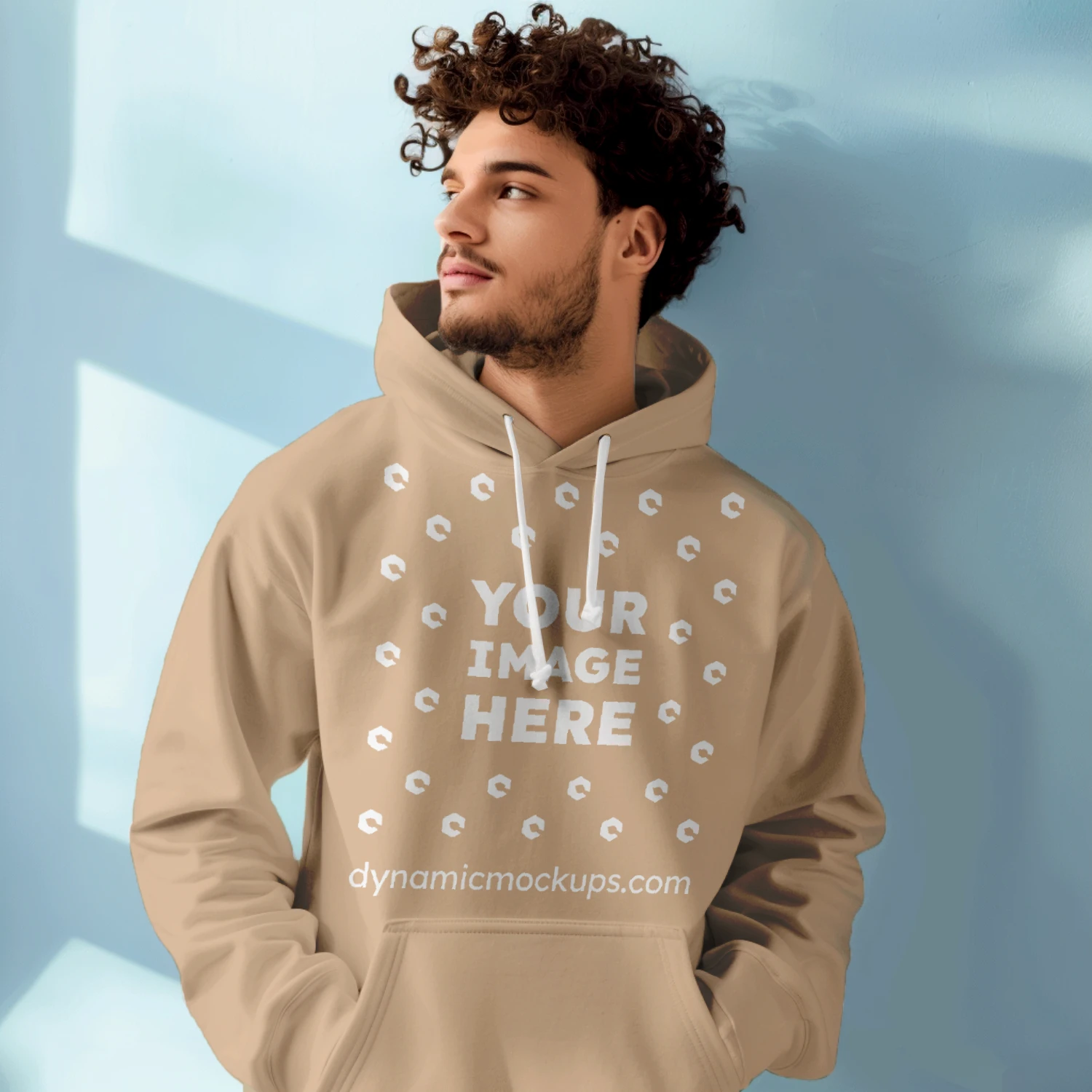 Man Wearing Tan Hoodie Mockup Front View Template #2291 + PSD | Use It Now