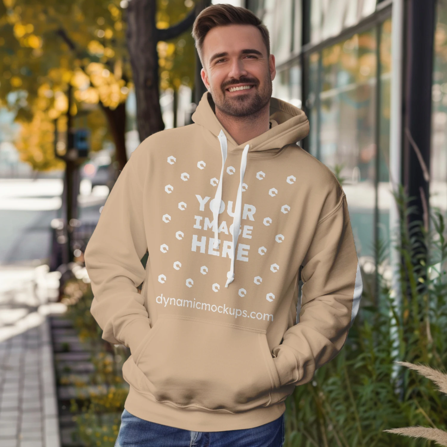 Man Wearing Tan Hoodie Mockup Front View Template #2292 + PSD | Use It Now