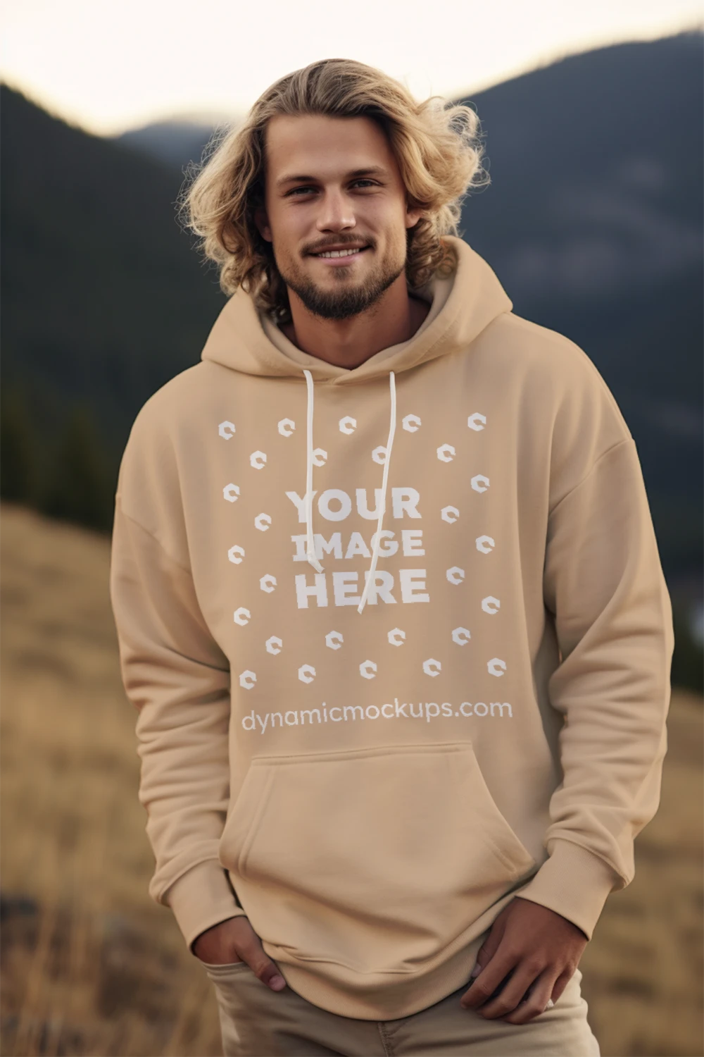 Man Wearing Tan Hoodie Mockup Front View Template #2314 + PSD | Use It Now