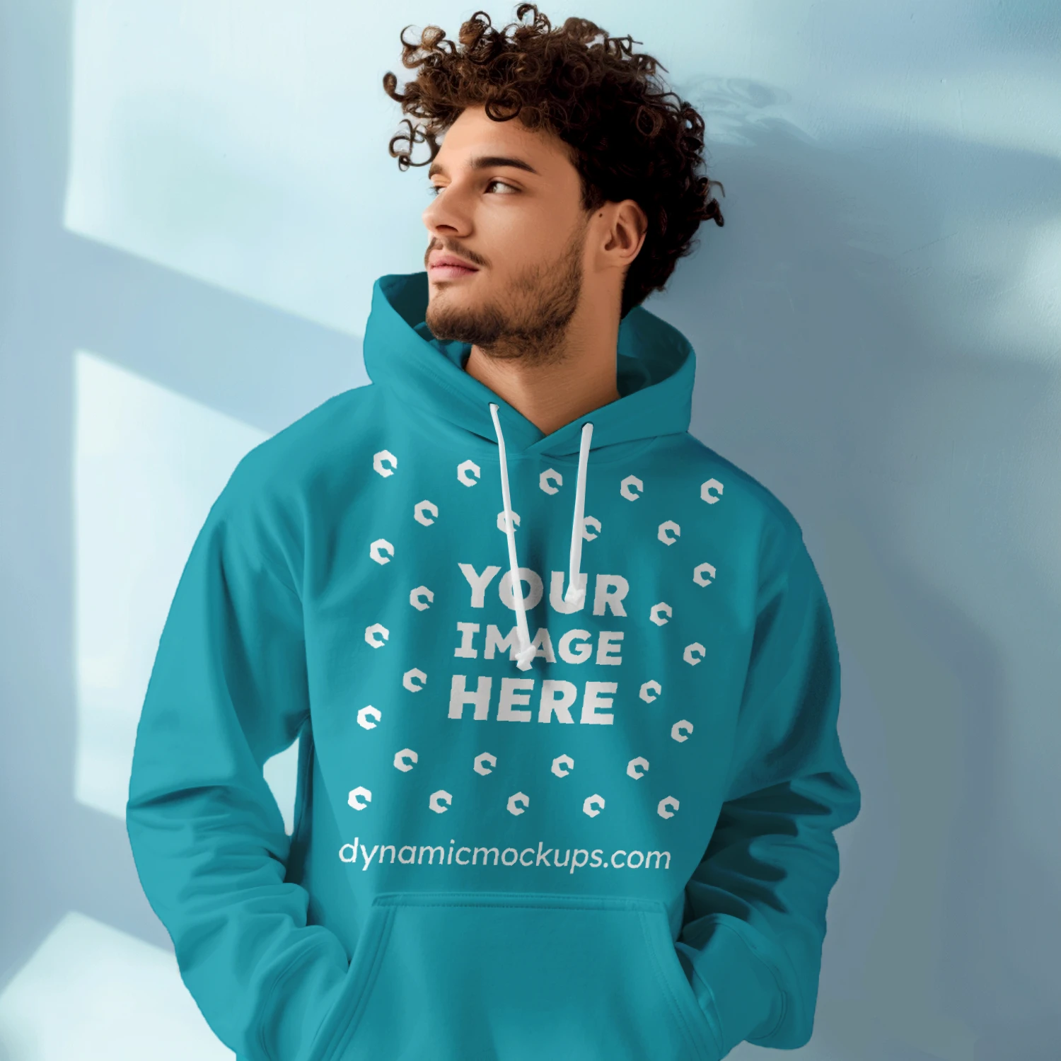 Man Wearing Teal Hoodie Mockup Front View Template #2291 + PSD | Use It Now