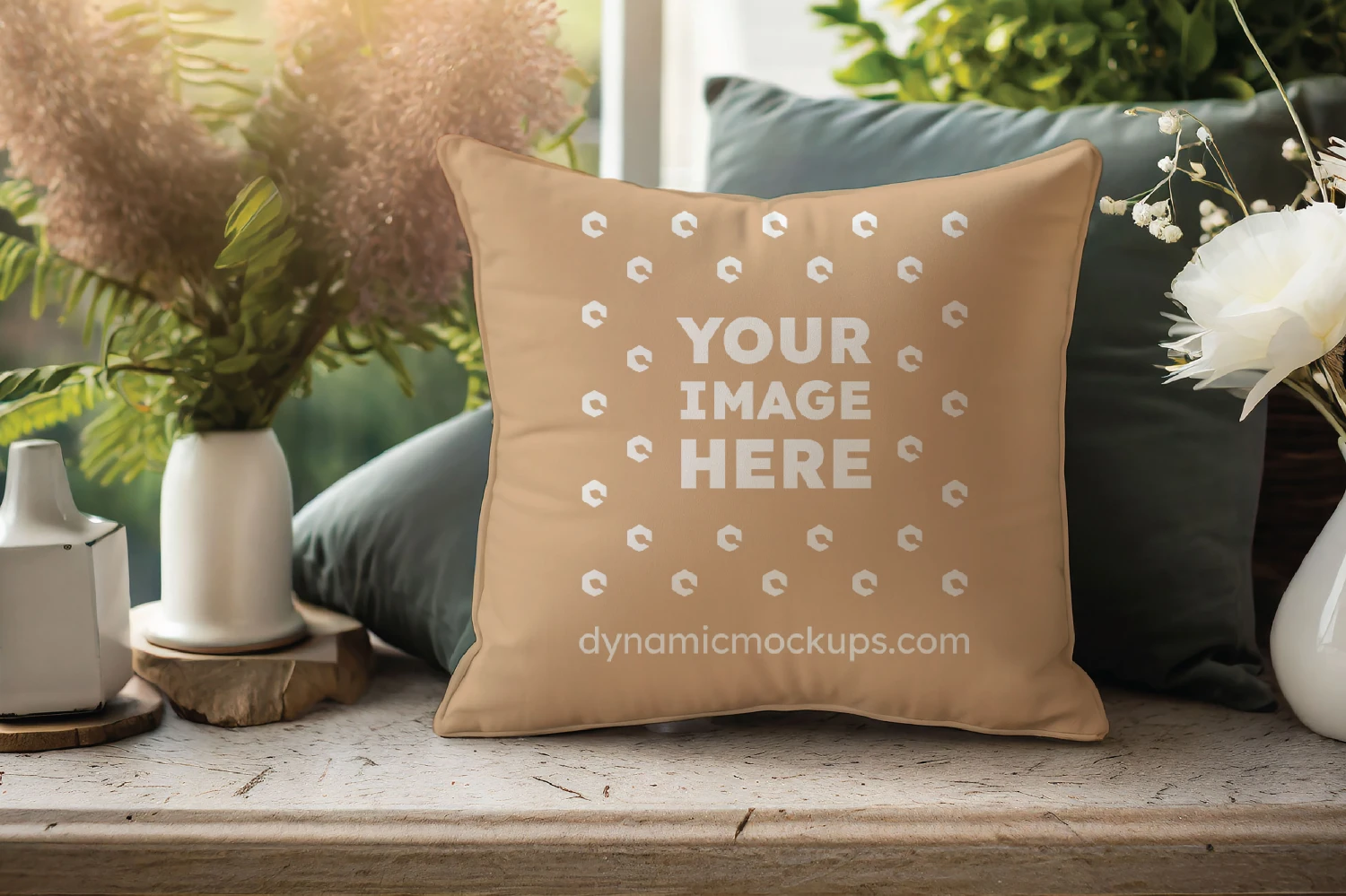 Tan Square Pillow Cover Mockup Template #1504 + PSD | Use It Now