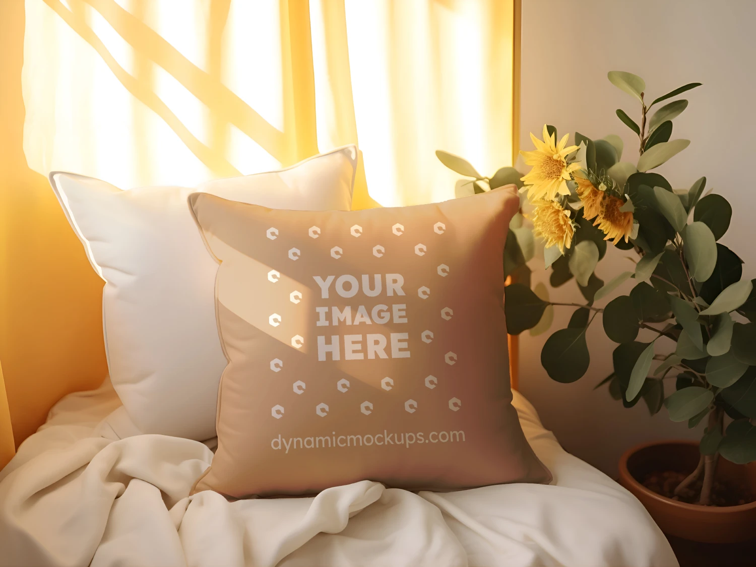 Tan Square Pillow Cover Mockup Template #1540 + PSD | Use It Now
