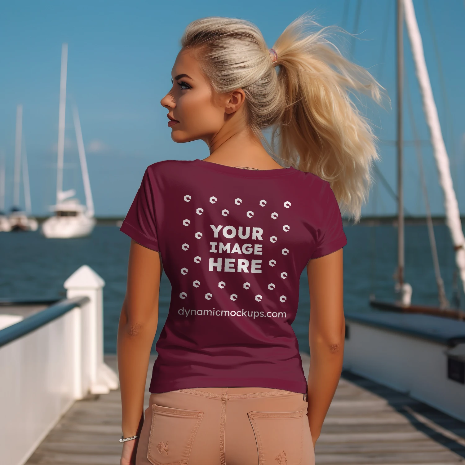 Woman Wearing Maroon T-shirt Mockup Back View Template #1609 + PSD ...