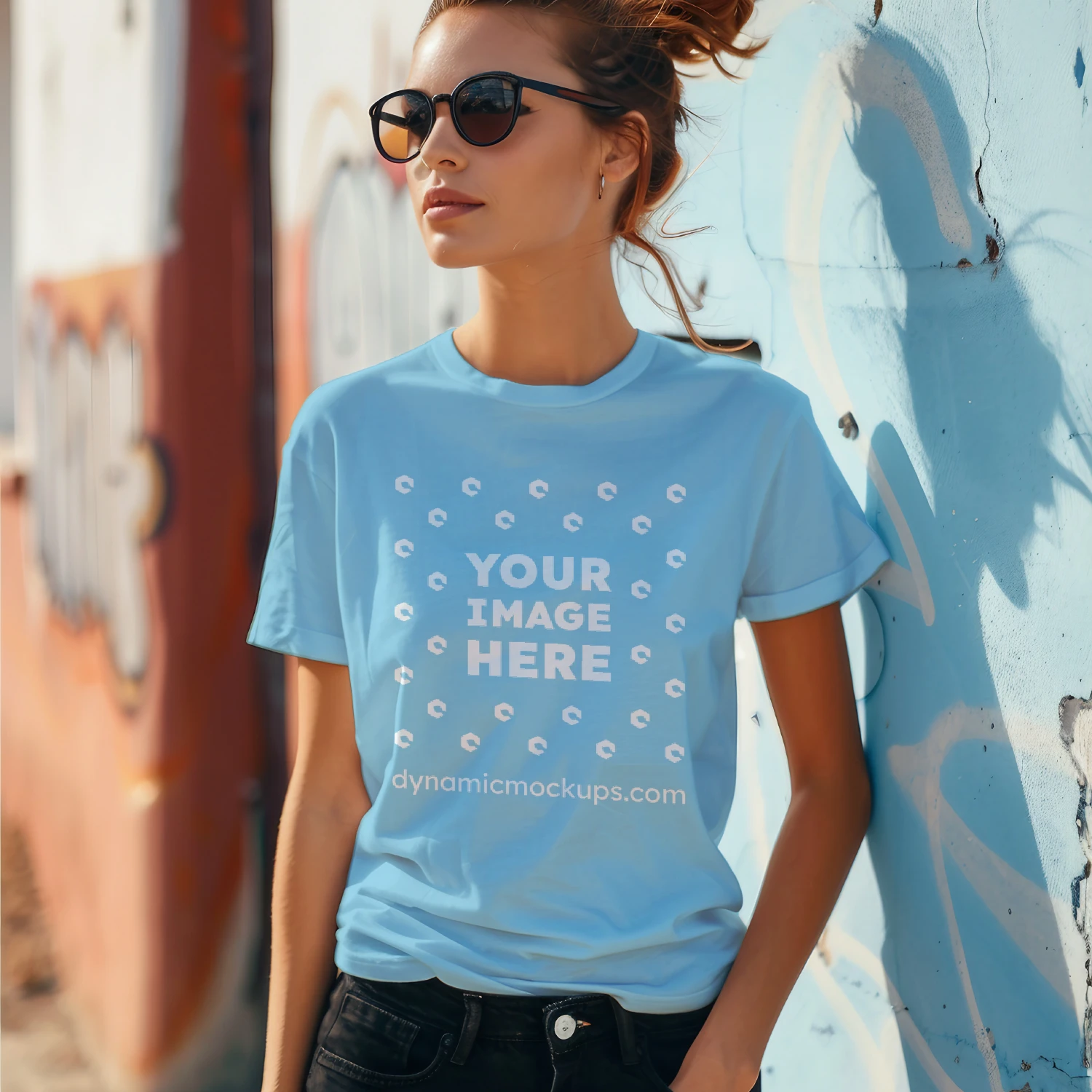 Woman Wearing Sky Blue T-shirt Mockup Front View Template #1687 + PSD ...
