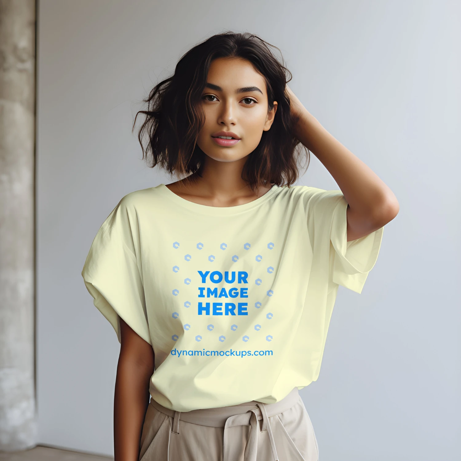 Woman Wearing Cream T-shirt Mockup Front View Template #3477 + PSD ...