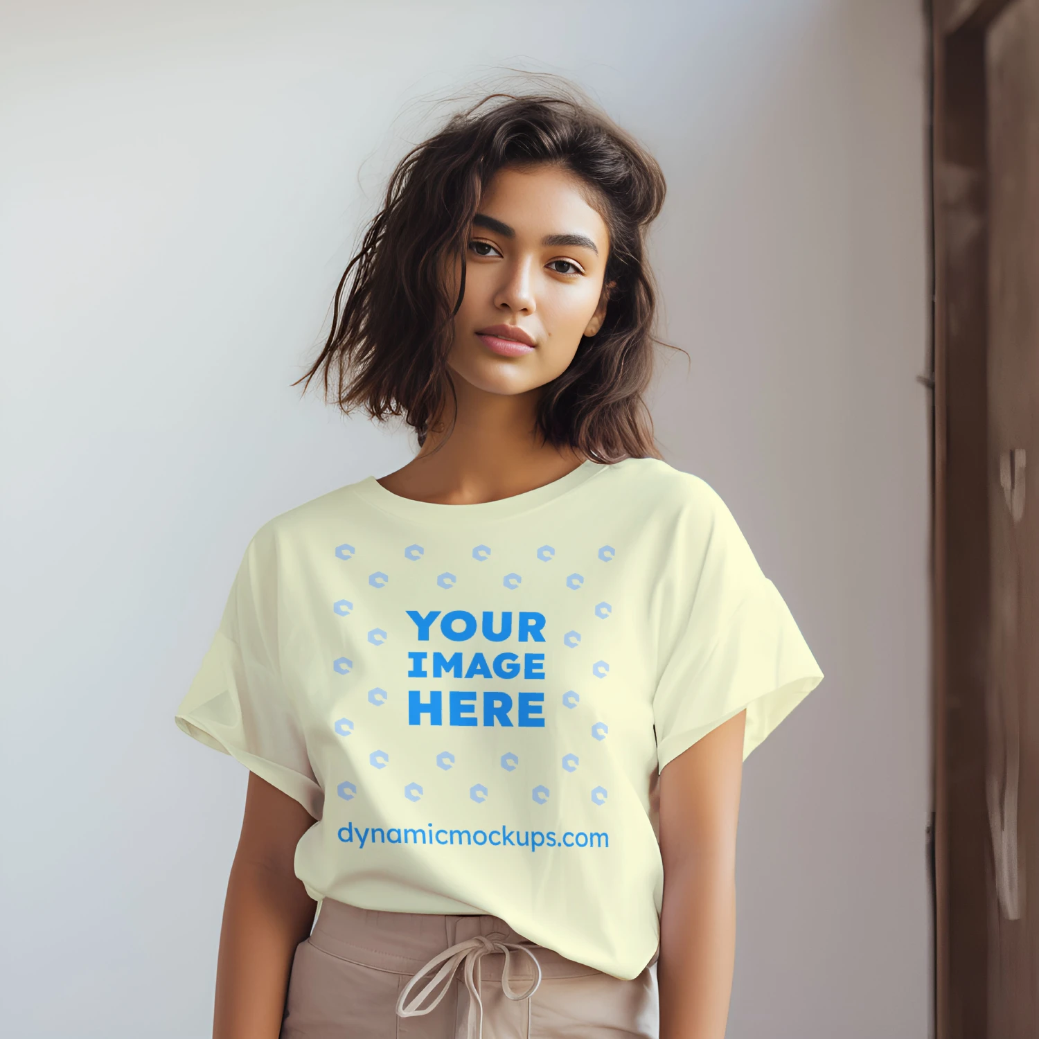 Woman Wearing Cream T-shirt Mockup Front View Template #3482 + PSD ...