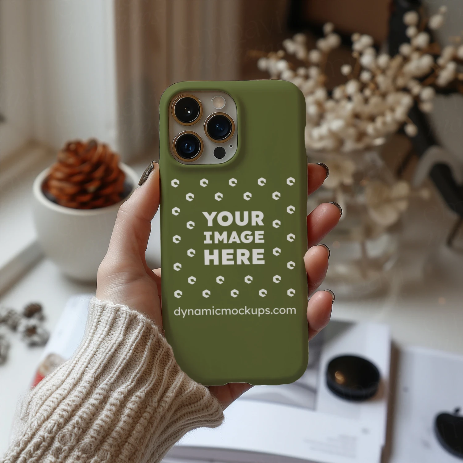 iPhone Olive Green Phone Case Mockup Template #3993 + PSD | Use It Now