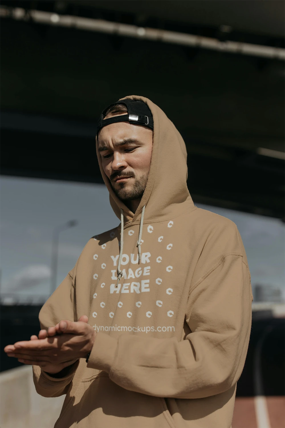Man Wearing Tan Hoodie Mockup Front View Template #6611 + PSD | Use It Now