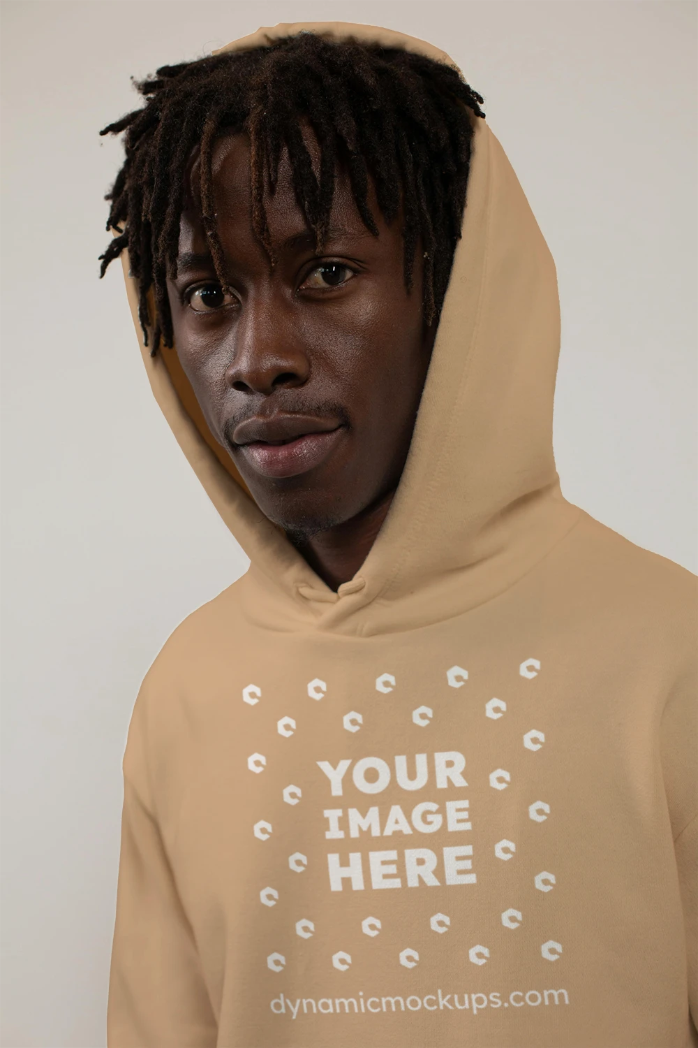 Man Wearing Tan Hoodie Mockup Front View Template #6664 + PSD | Use It Now
