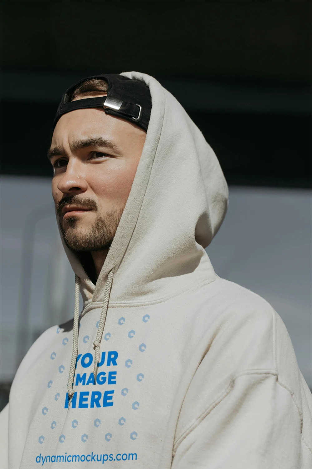 Man Wearing White Hoodie Mockup Front View Template