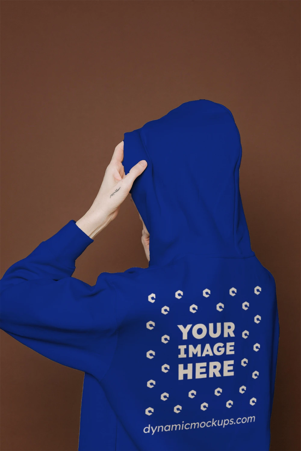 Woman Wearing Dark Blue Hoodie Mockup Back View Template