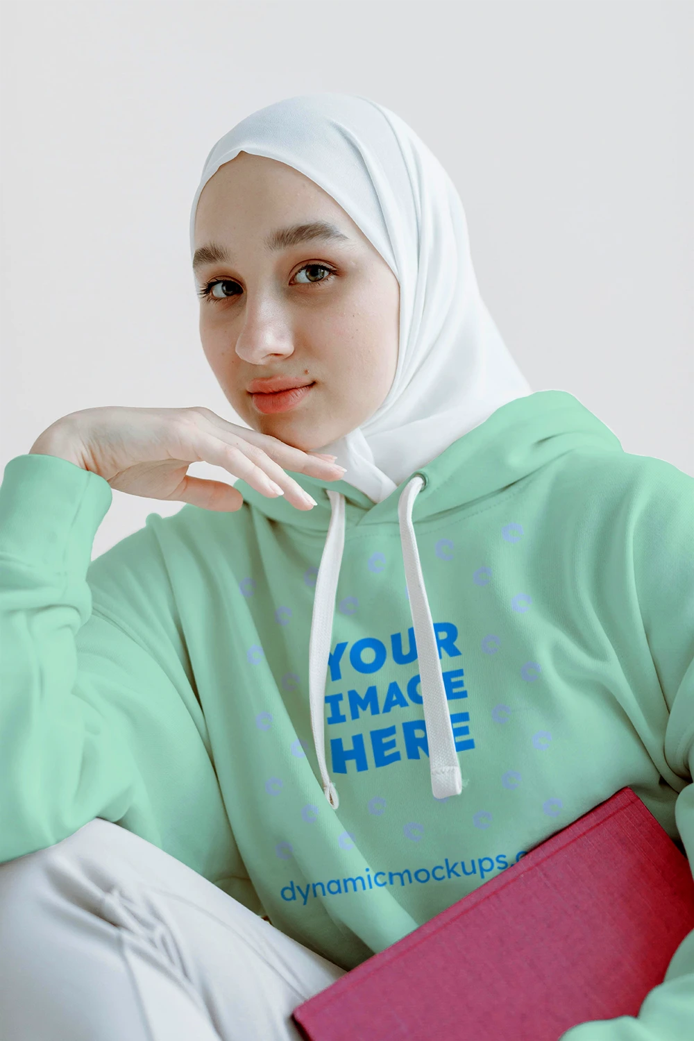 Woman Wearing Mint Hoodie Mockup Front View Template