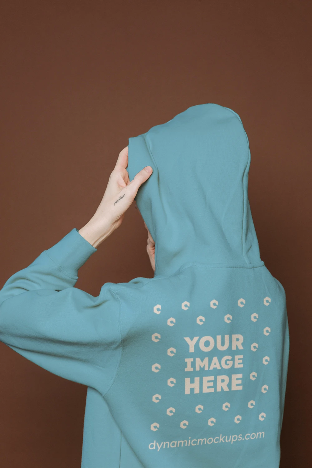 Woman Wearing Sky Blue Hoodie Mockup Back View Template