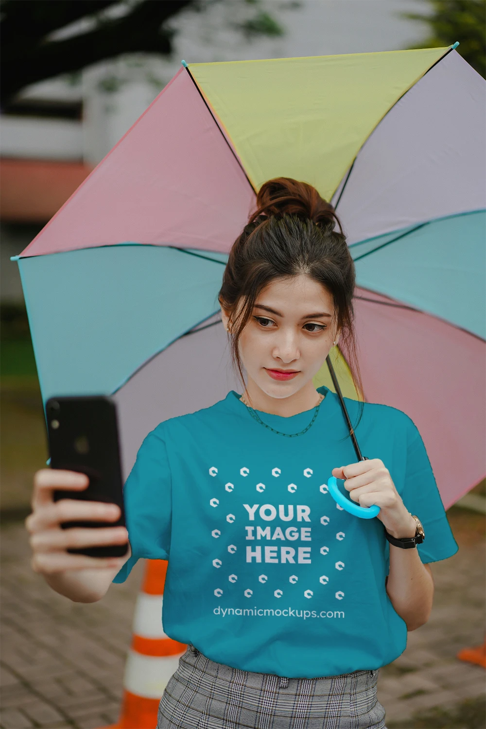 Woman Wearing Teal T-shirt Mockup Front View Template